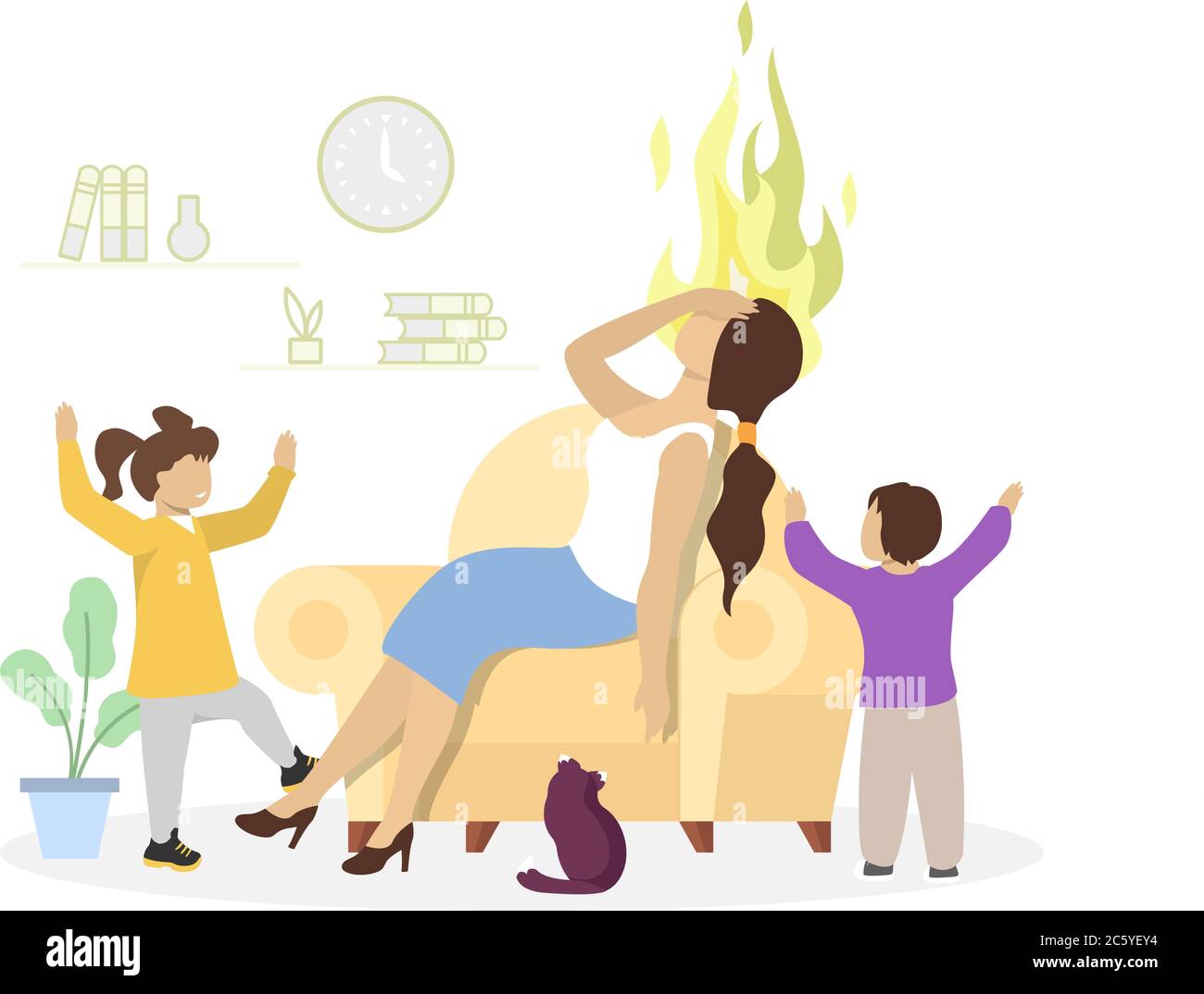 Desperate stressed mother with her kids, vector flat illustration Stock ...