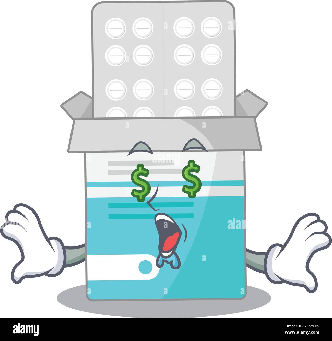 happy rich cartoon concept of medical medicine bottle with money eyes ...