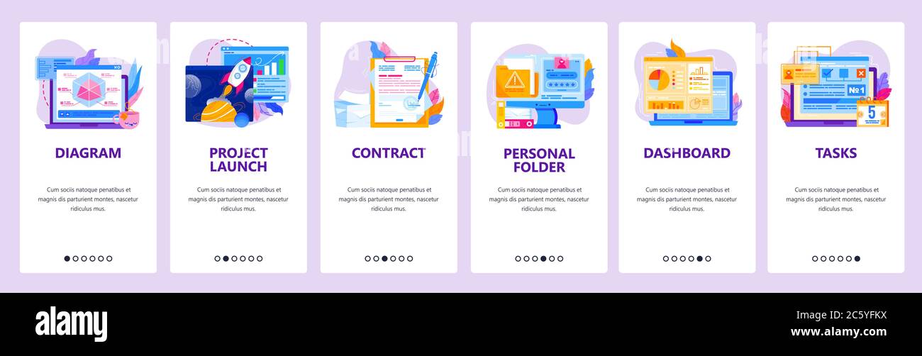 Project management website and mobile app onboarding screens vector ...