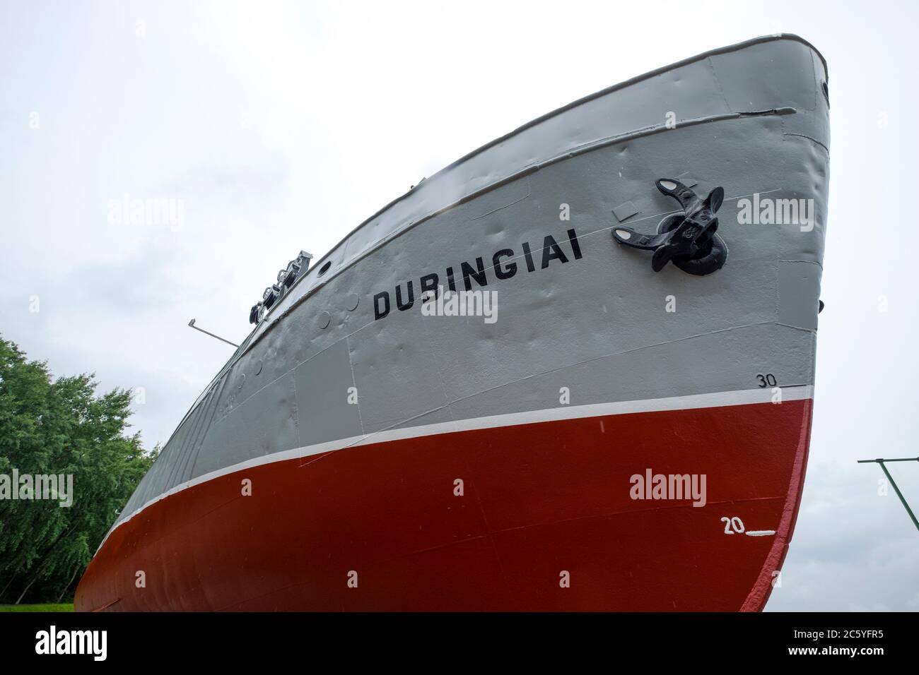 A close up of the steel-hulled Soviet fishing boat, Dubingiai. At the ...