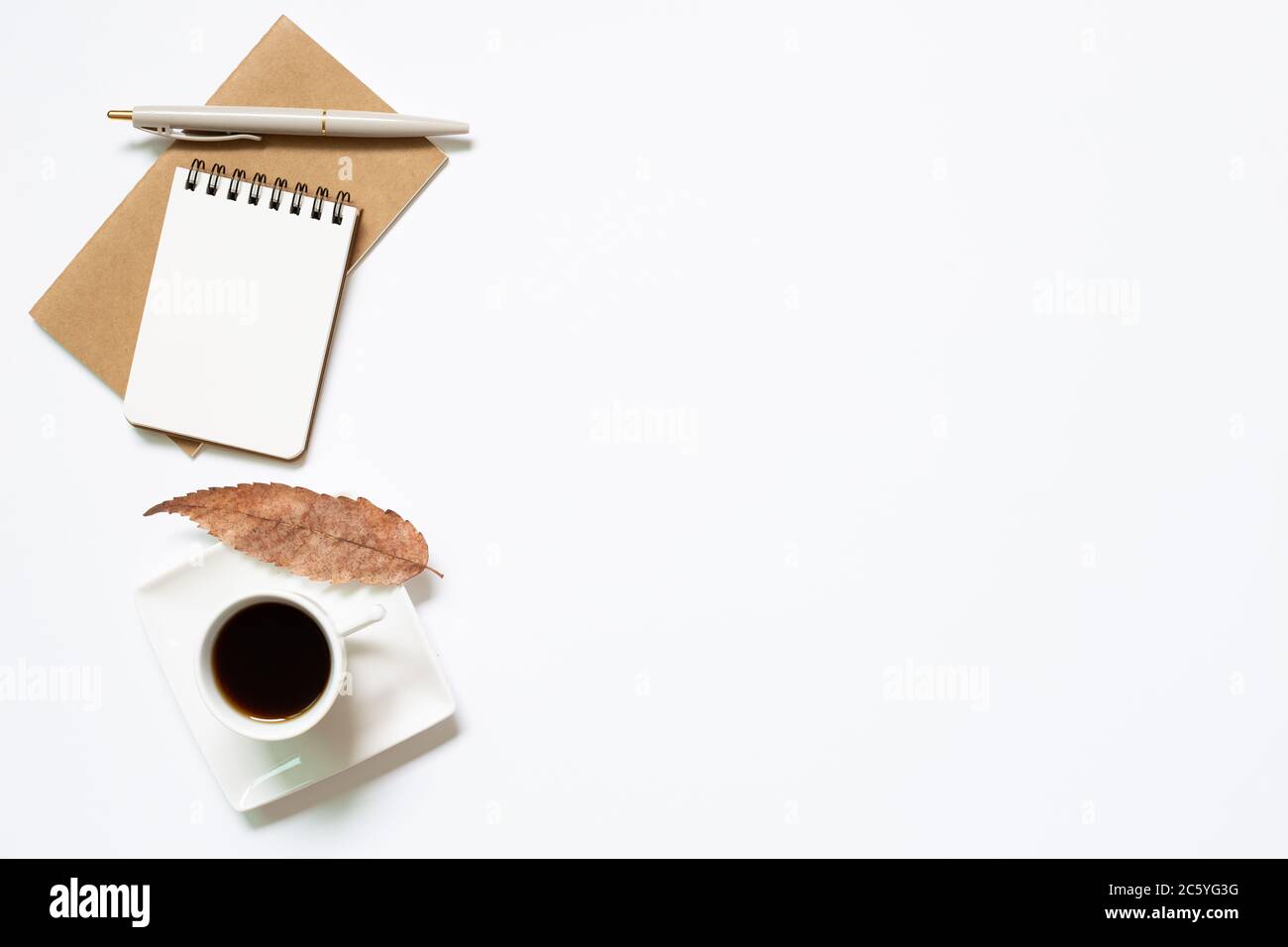 Notebook, pen, cup of coffee with leaves on white background. Work and ...