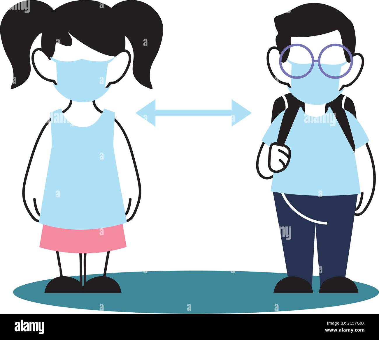 distancing children with masks at school vector illustration Stock ...