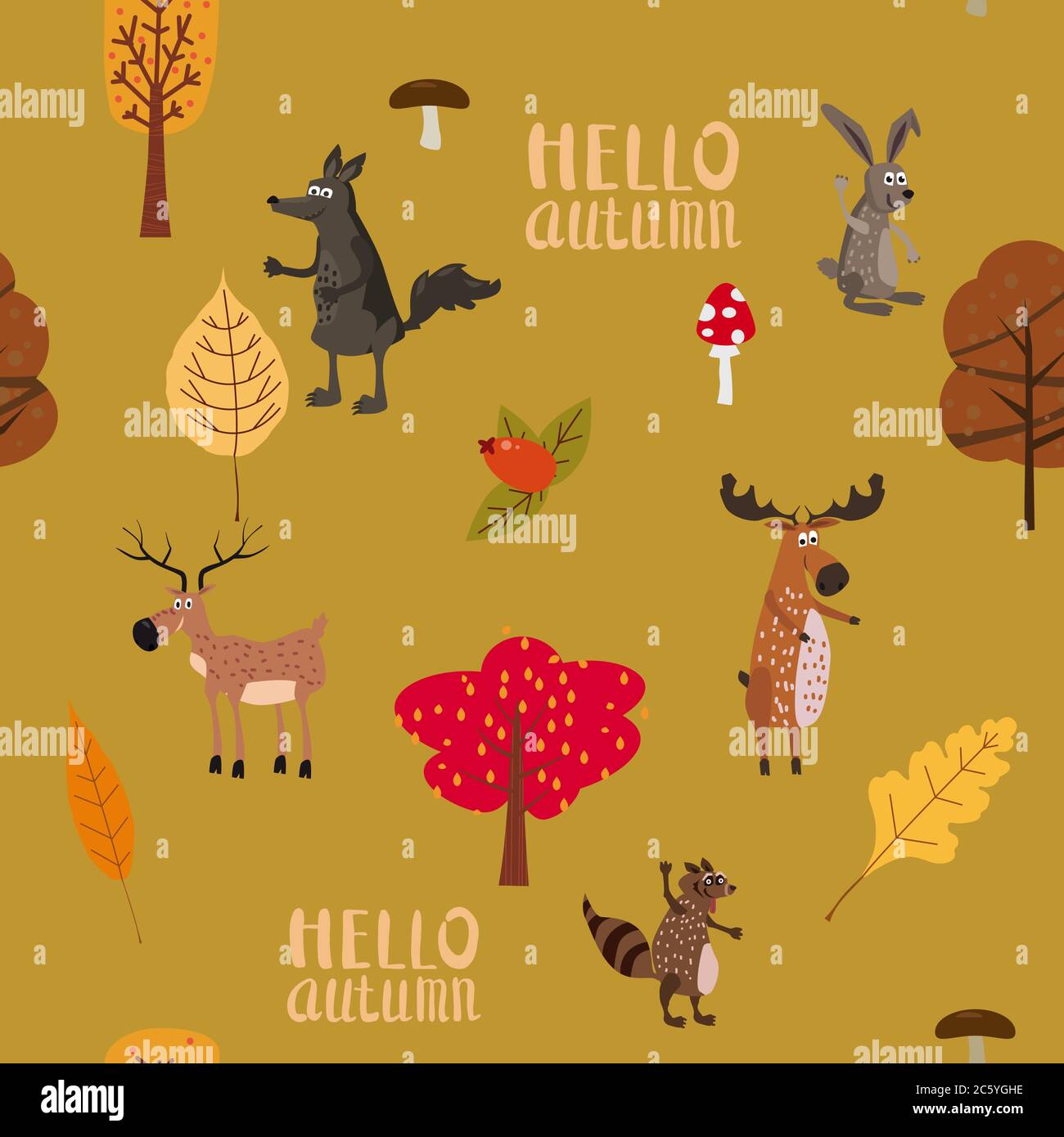 Autumn forest cute animals seamless pattern with trees leaves Stock ...