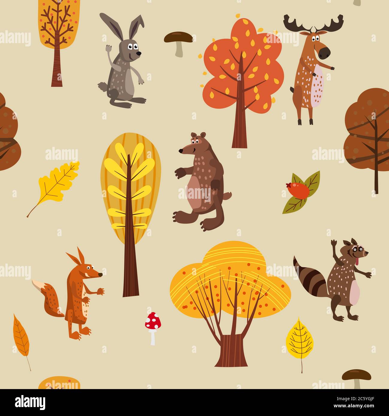 Autumn forest cute animals seamless pattern with trees leaves Stock ...