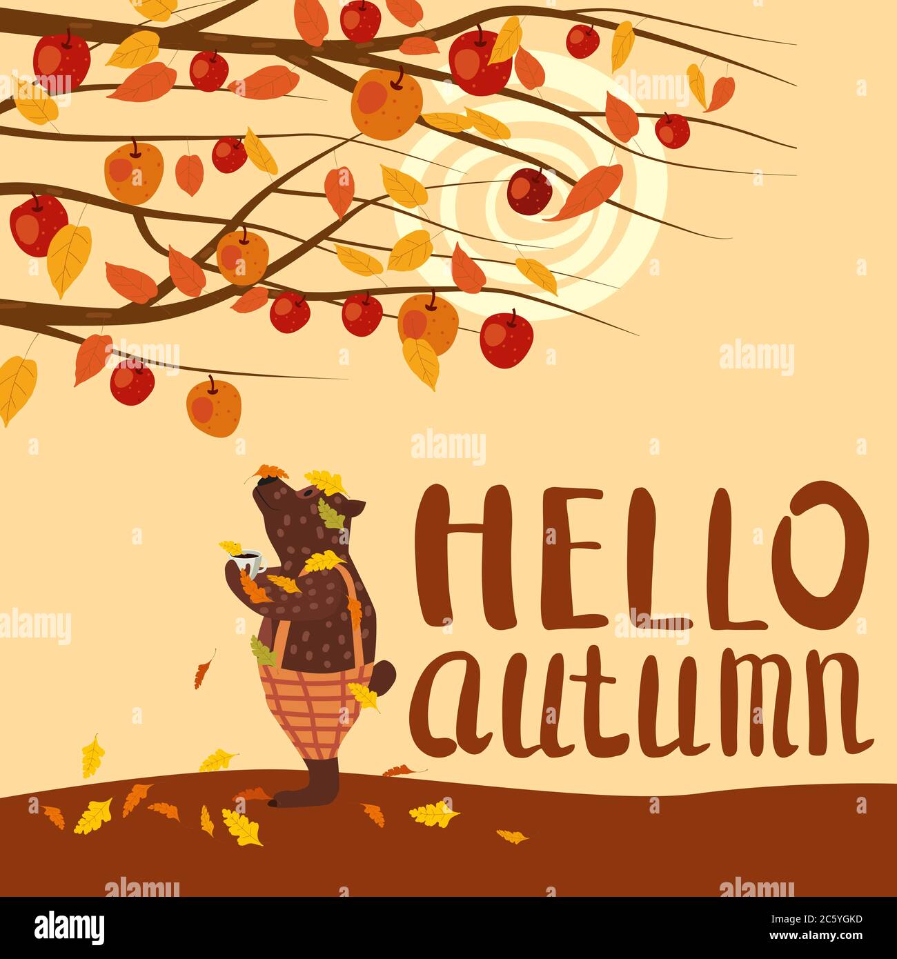 Cute autumn bear covered in fallen autumn leaves with a cup of coffee ...
