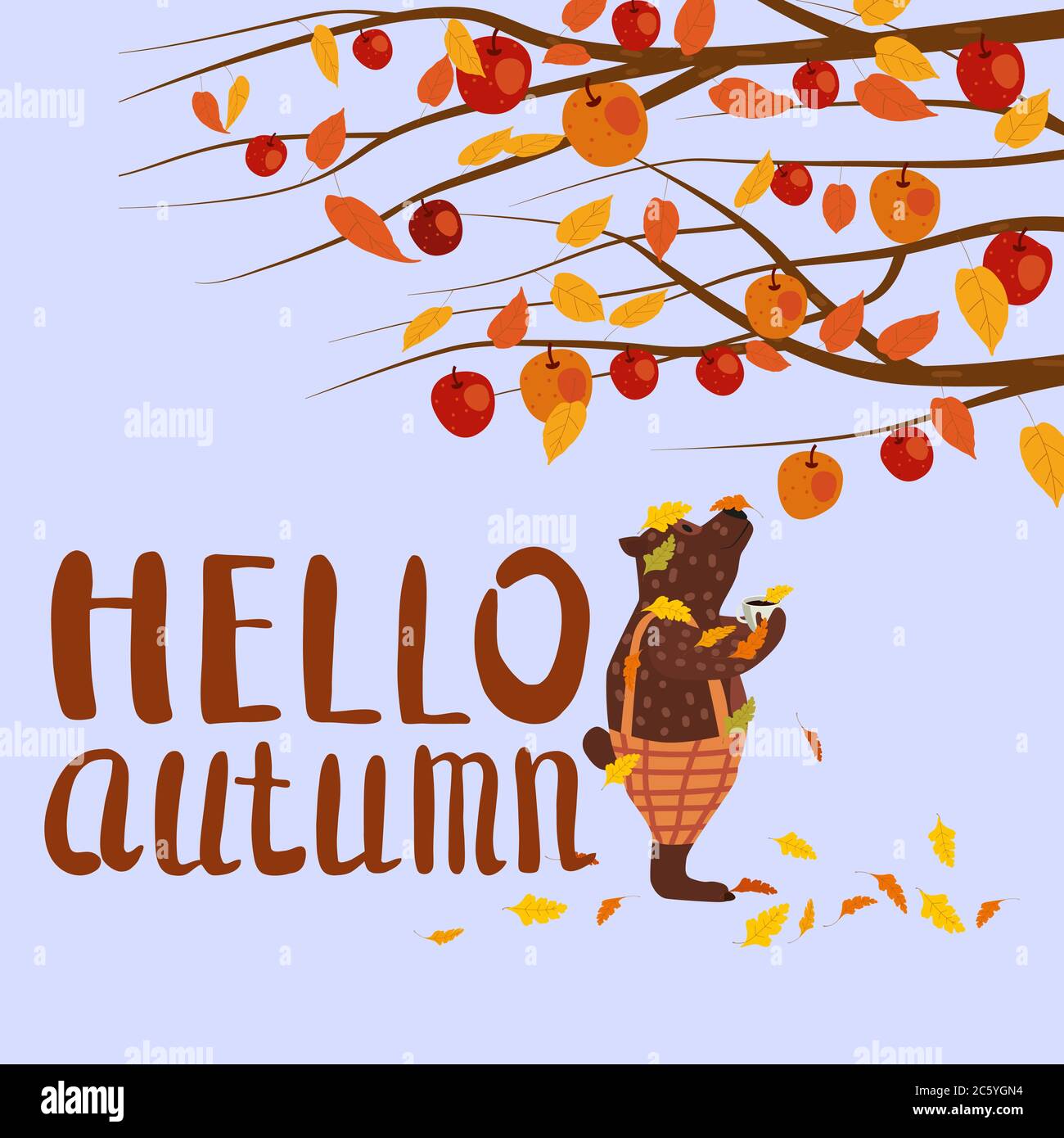 Cute autumn bear covered in fallen autumn leaves with a cup of coffee ...