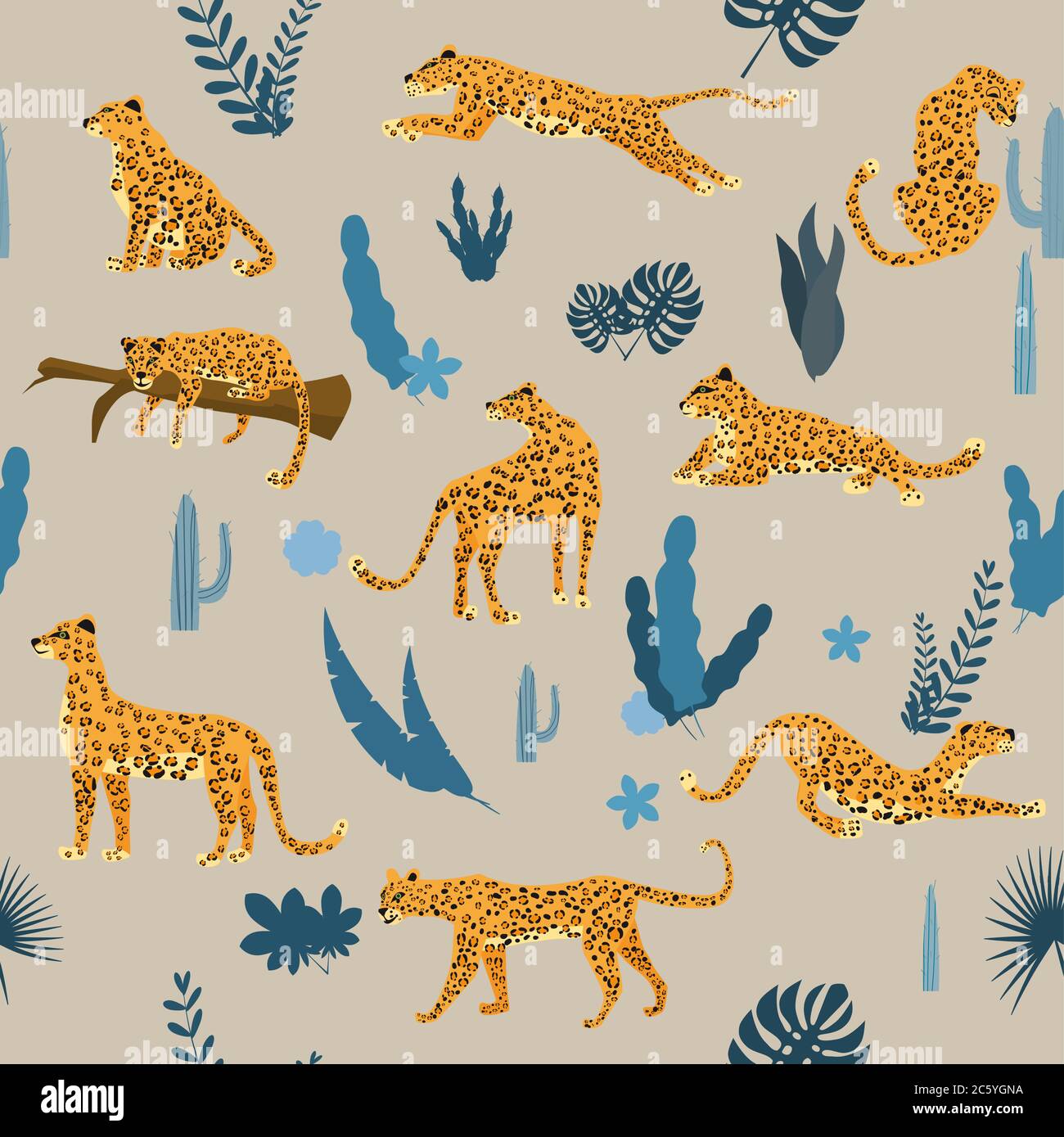 Seamless pattern with leopards in different poses with tropical leaves ...