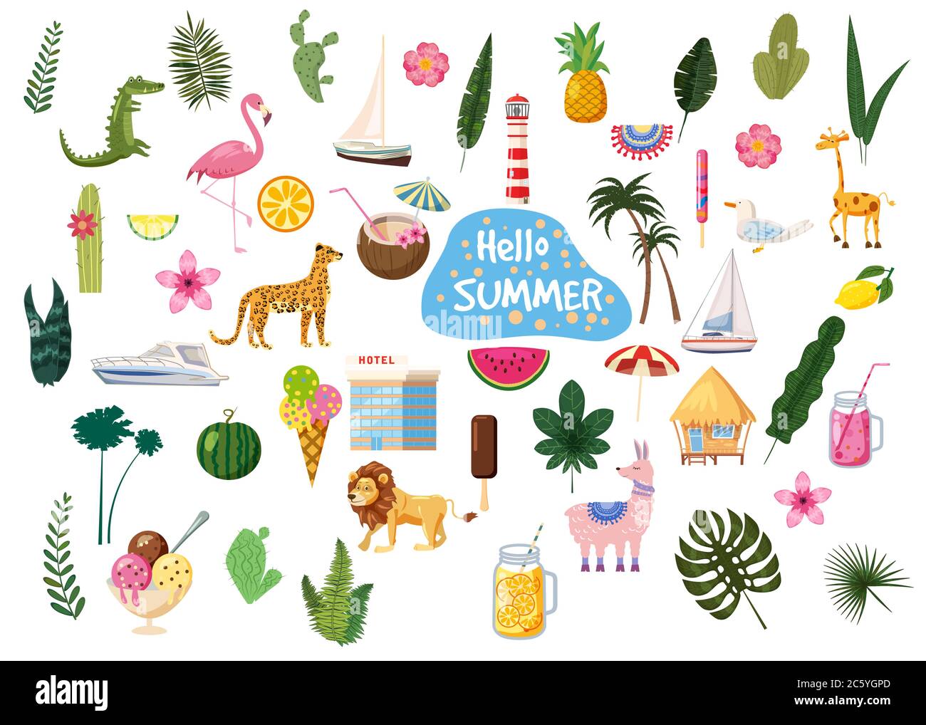 Set of cute trendy hello summer icons food, drinks, cactus, flowers ...