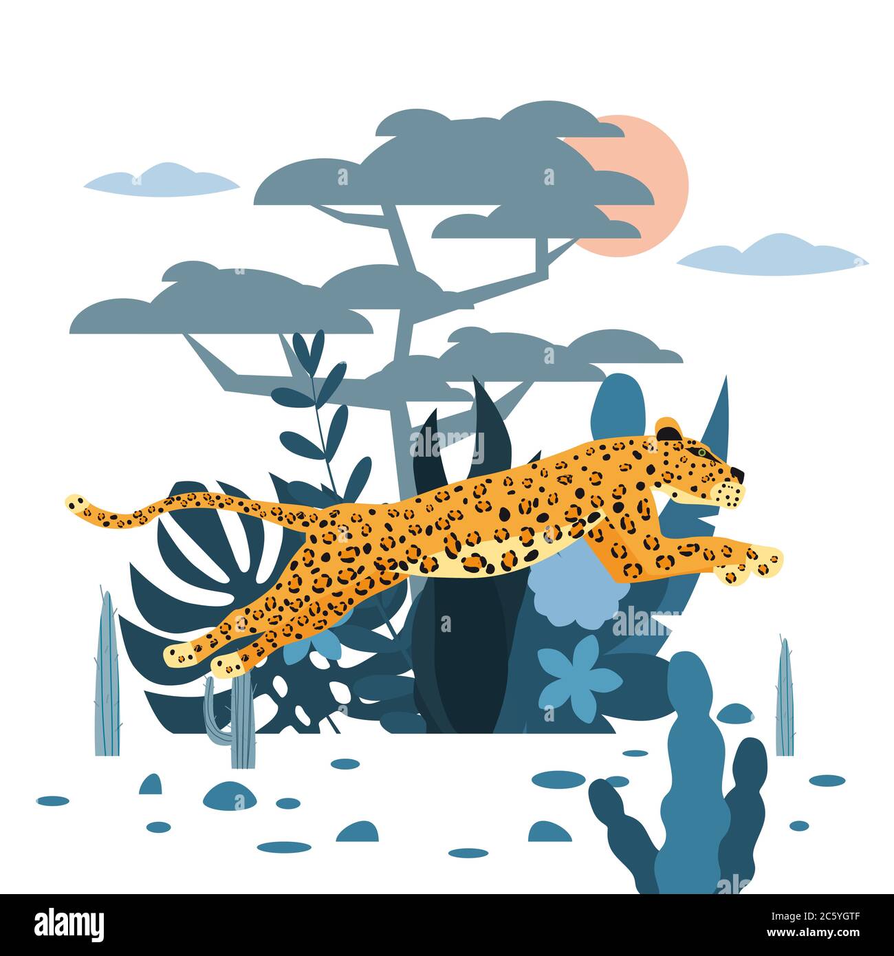 Leopard jumping, cute, background plants and tree, graphic trend style ...
