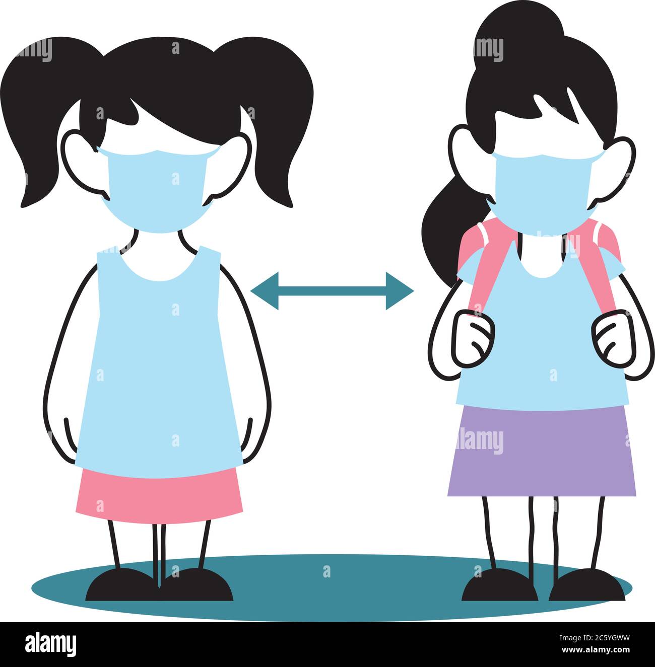 distancing children with masks at school vector illustration Stock ...