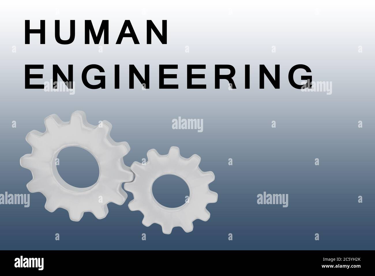 3D illustration of HUMAN ENGINEERING text along with two engaged gears ...