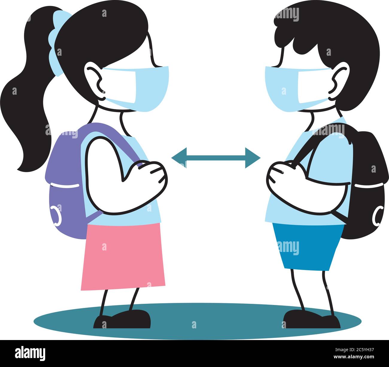 distancing children with masks at school vector illustration Stock ...