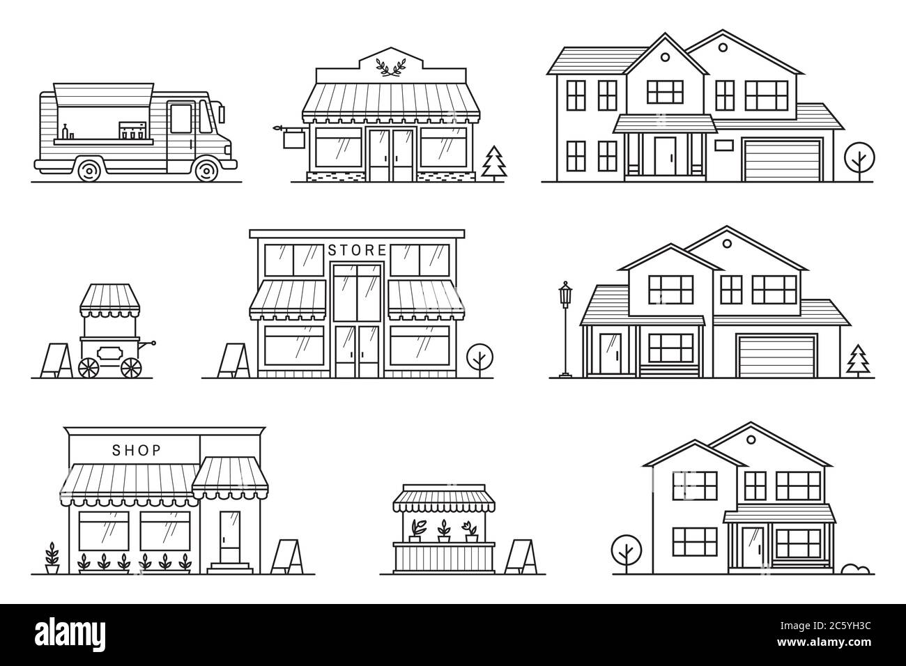 Set of store, shop, house, street store cart and truck icons. Vector ...
