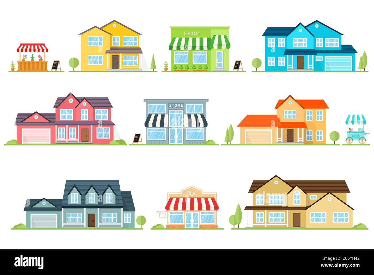 Vector flat icon suburban american house and street store. For web ...
