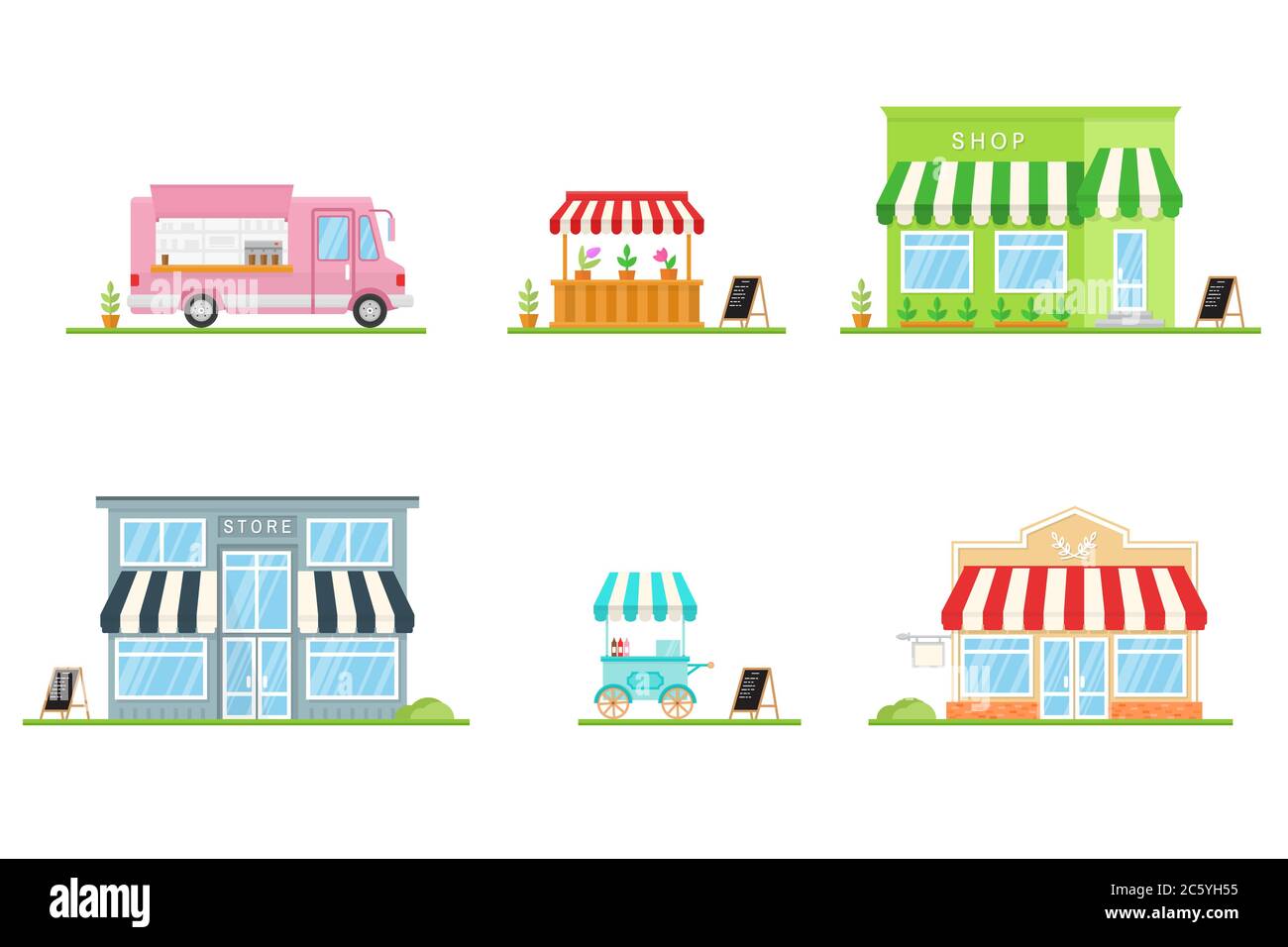Set of store, shop, street store cart and truck icons. Vector ...