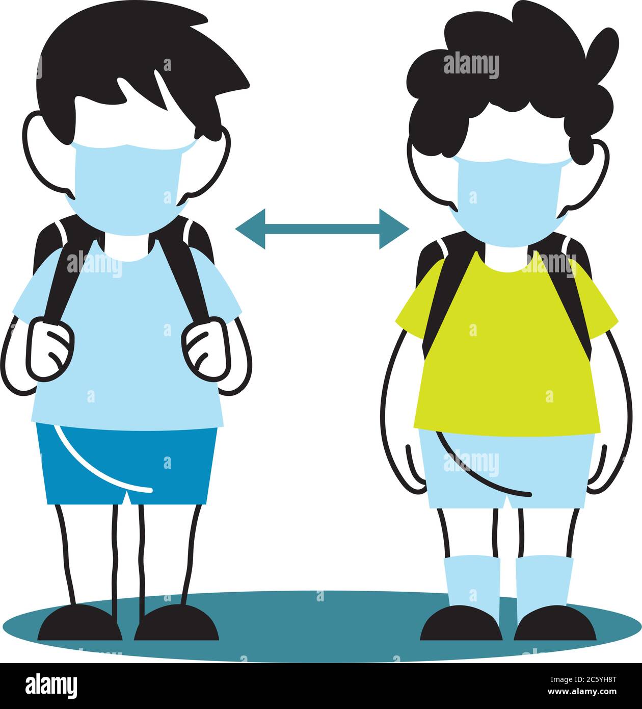 distancing children with masks at school vector illustration Stock ...