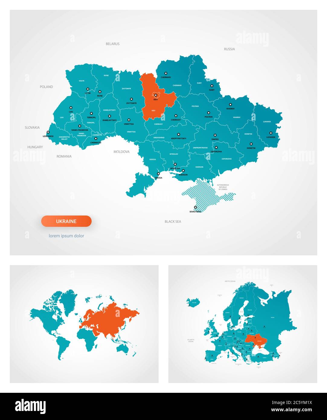 Editable template of map of Ukraine with marks. Ukraine on world map ...
