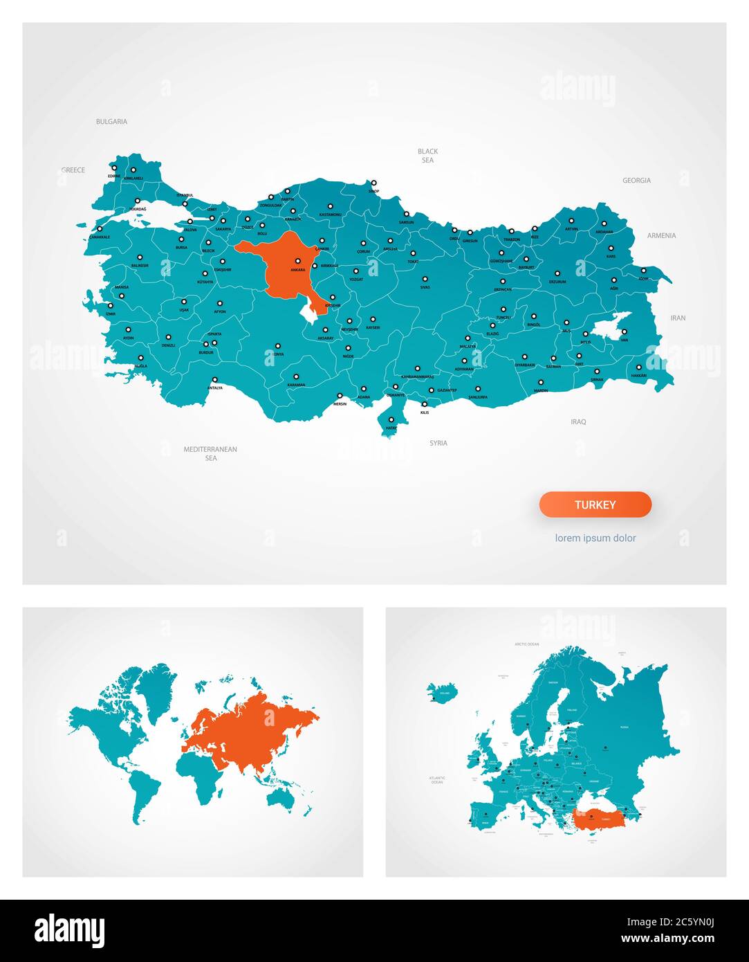 Editable template of map of Turkey with marks. Turkey on world map and ...