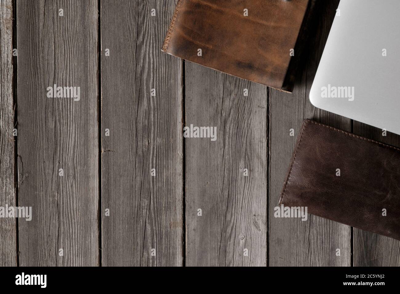 Working space, Laptop andnotepad on wooden Background desk Stock Photo ...