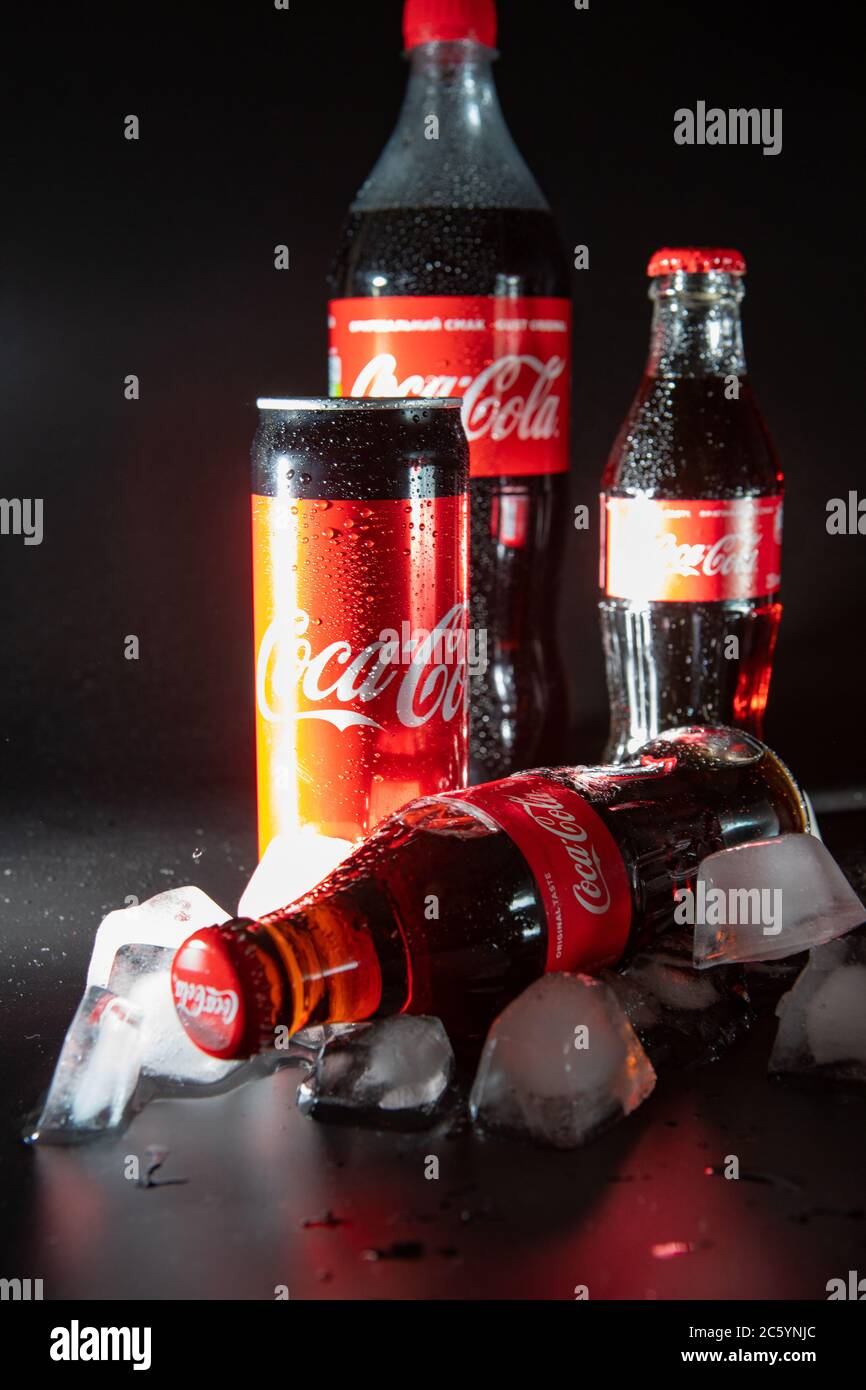 Lviv, Ukraine - 21, 2020: different size bottles of coca cola in ice at ...