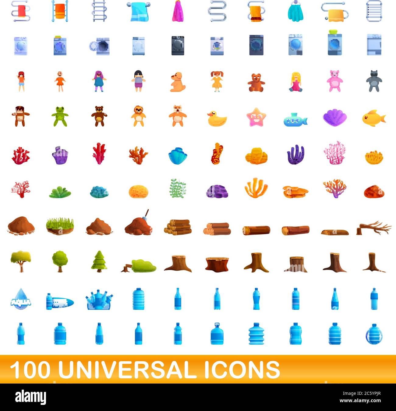 100 universal icons set. Cartoon illustration of 100 universal icons ...