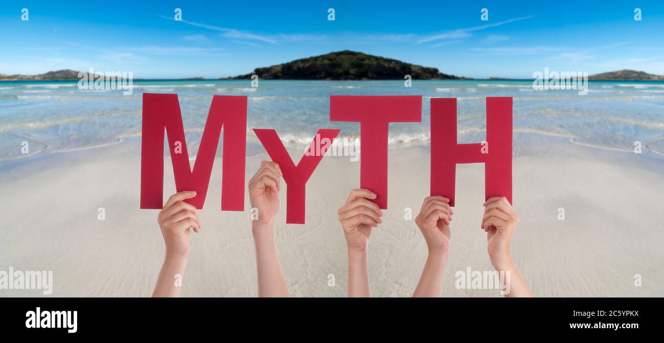 People Hands Holding Word Myth, Ocean Background Stock Photo - Alamy
