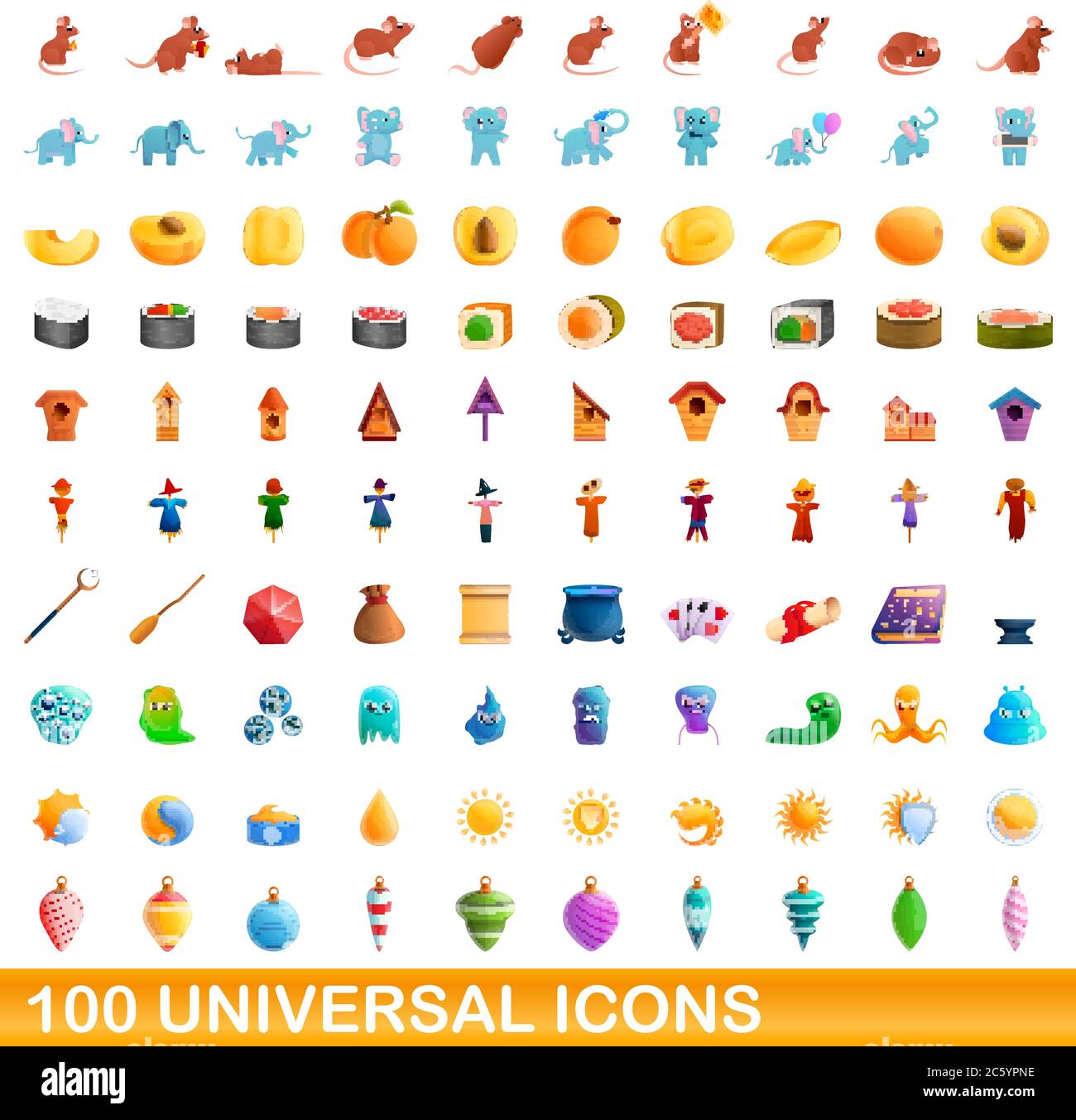 100 universal icons set. Cartoon illustration of 100 universal icons ...