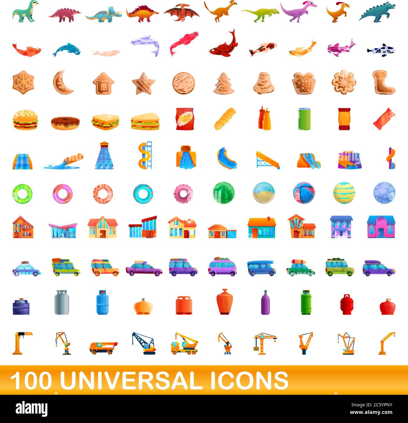 100 universal icons set. Cartoon illustration of 100 universal icons ...