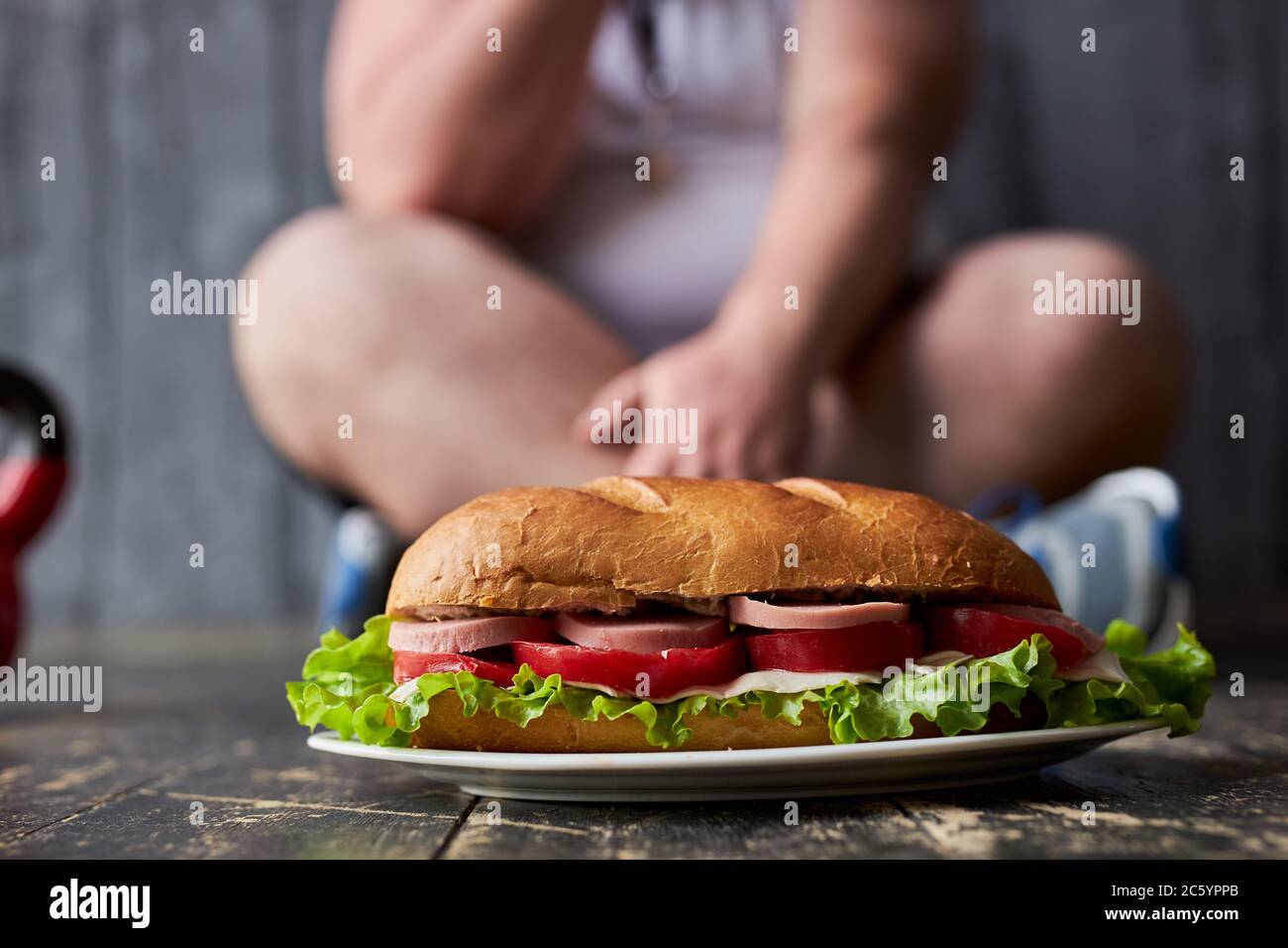 close-up photo of big sandwich on plate, fat man sit in the background ...