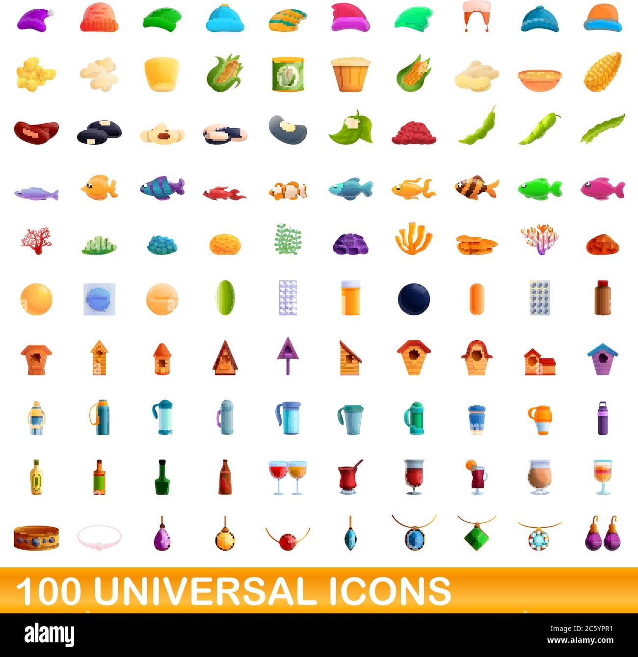 100 universal icons set. Cartoon illustration of 100 universal icons ...