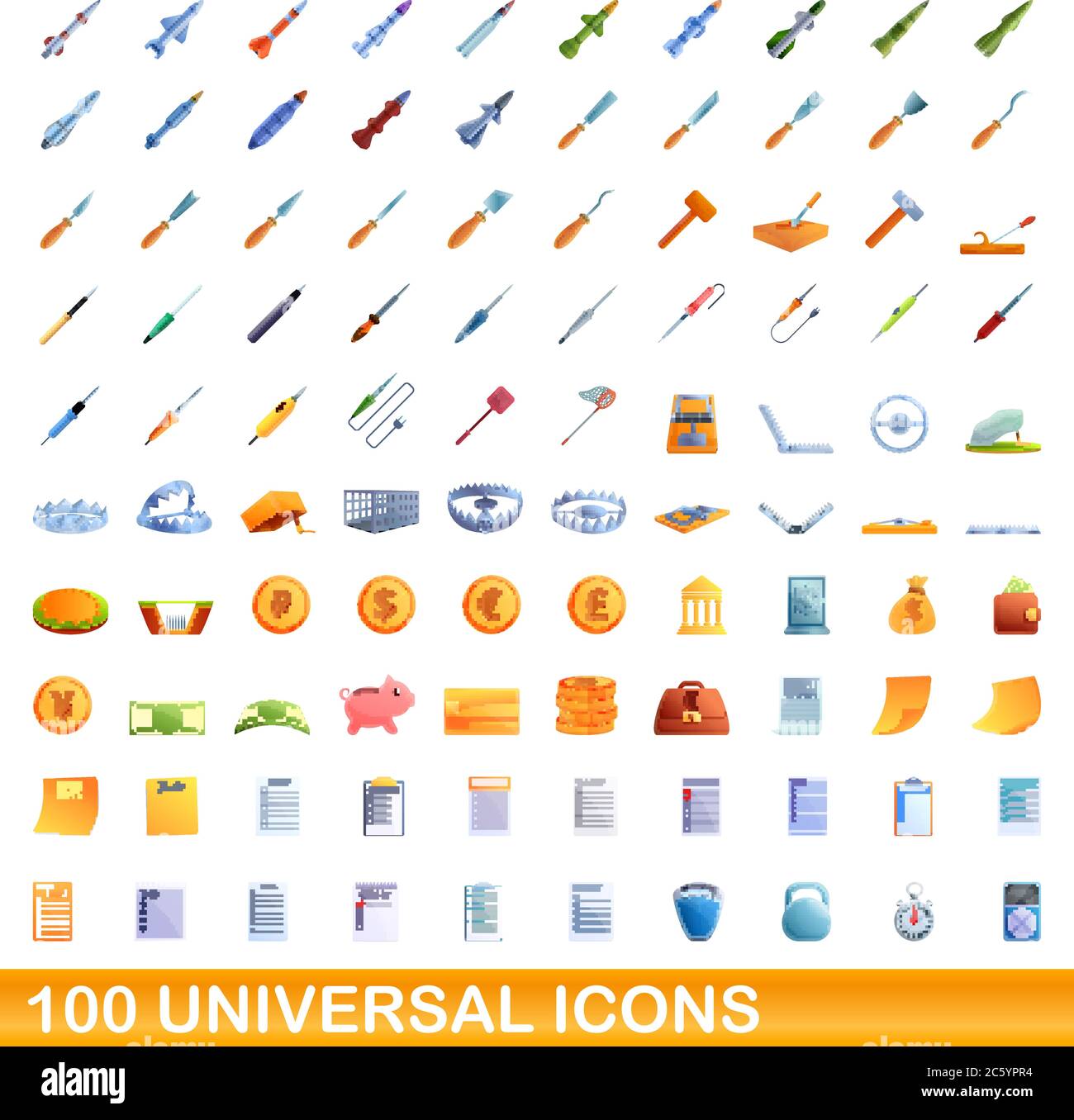 100 universal icons set. Cartoon illustration of 100 universal icons ...