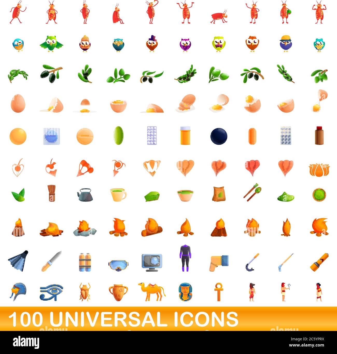 100 universal icons set. Cartoon illustration of 100 universal icons ...