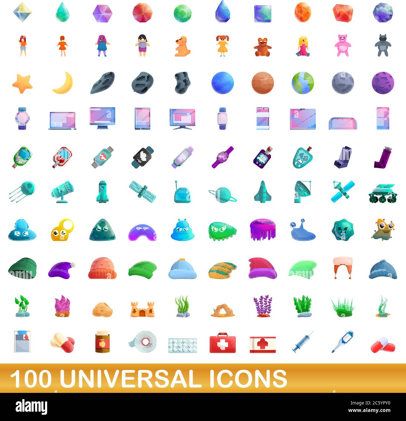 100 universal icons set. Cartoon illustration of 100 universal icons ...