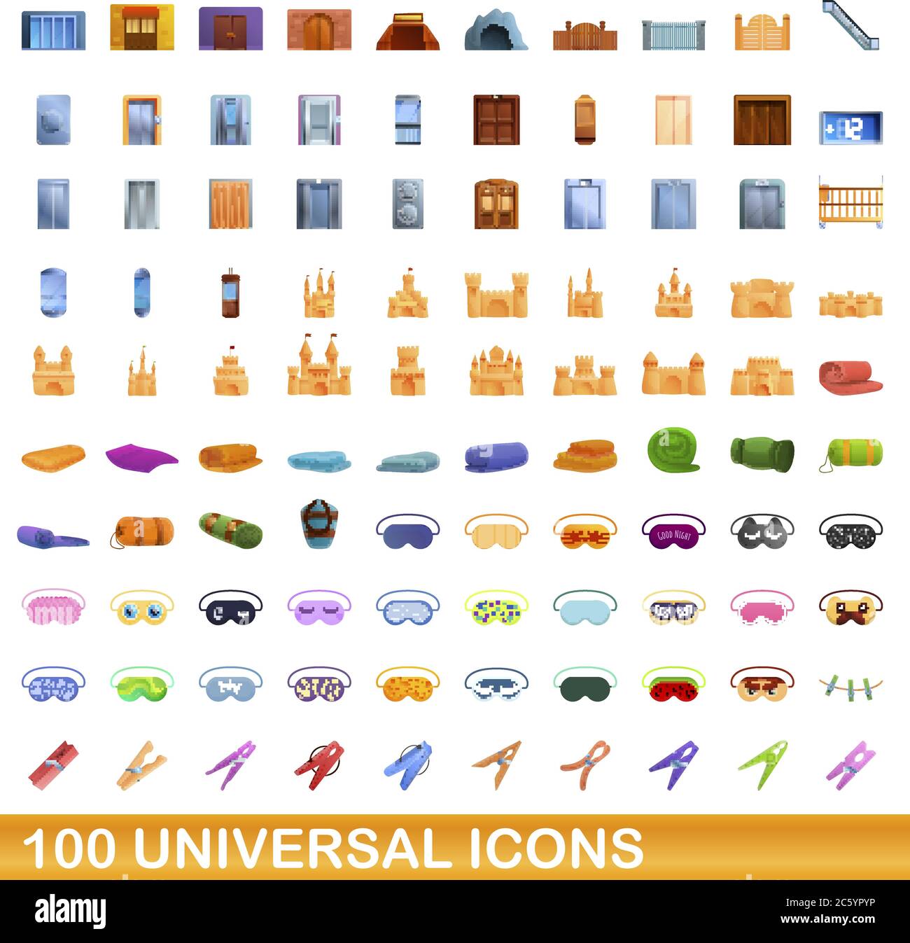 100 universal icons set. Cartoon illustration of 100 universal icons ...