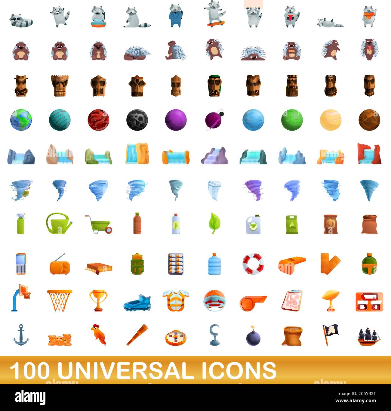 100 universal icons set. Cartoon illustration of 100 universal icons ...