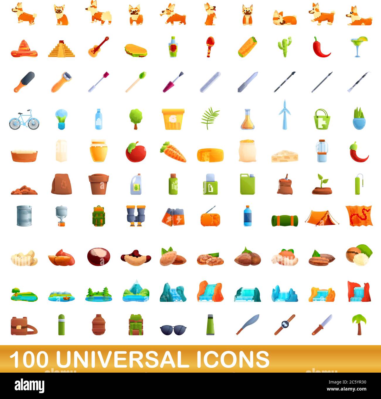 100 universal icons set. Cartoon illustration of 100 universal icons ...