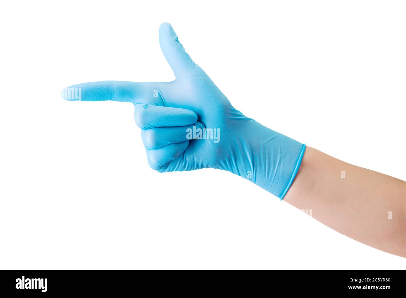 Doctor's hand in medical gloves pointing by finger on side isolated on ...