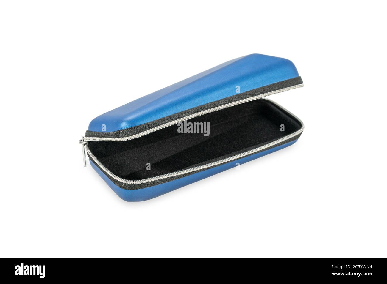 open blue case for glasses with a zipper lock isolated on white ...