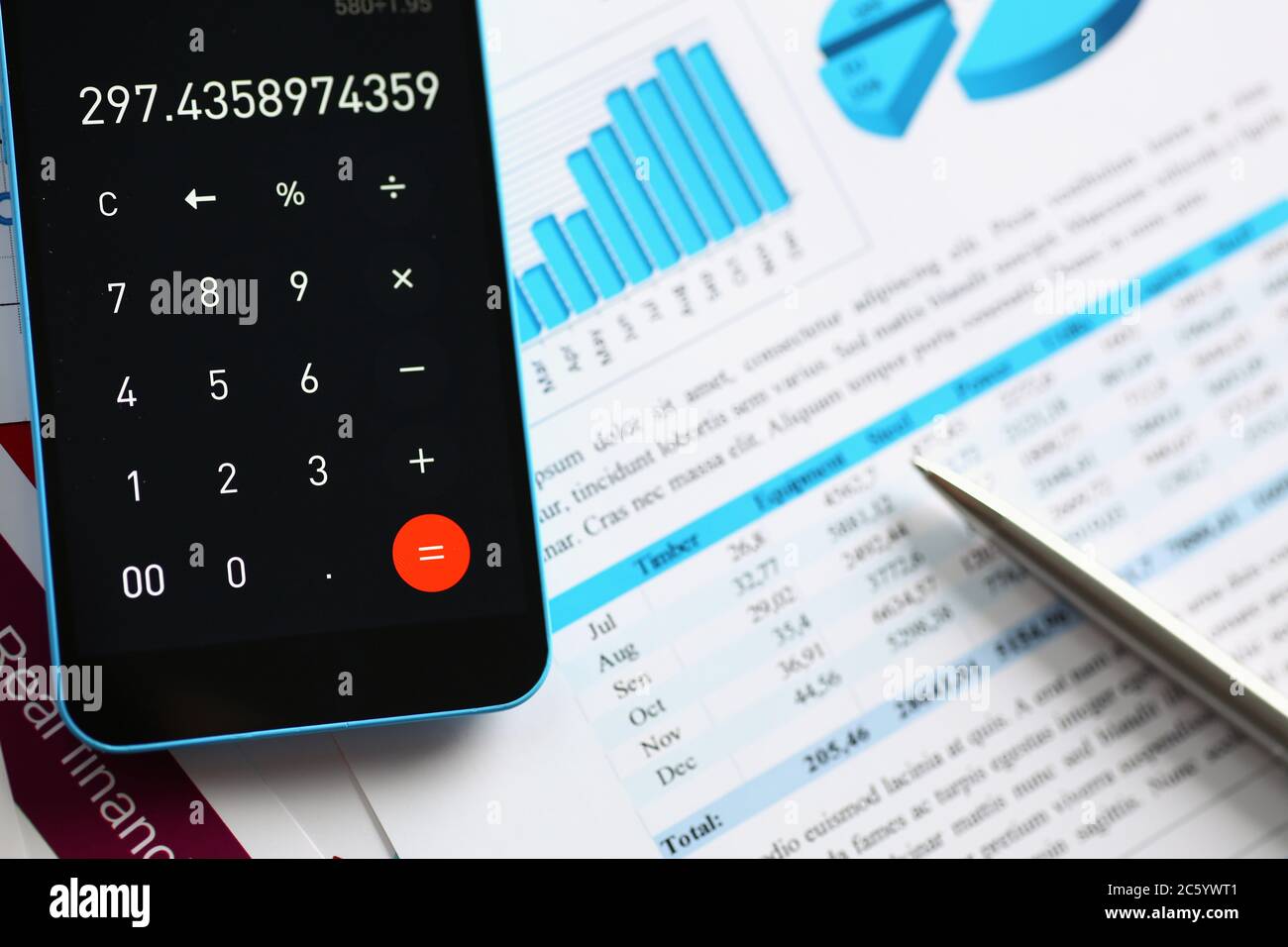 Smartphone calculator and financial statistics on infographics Stock ...