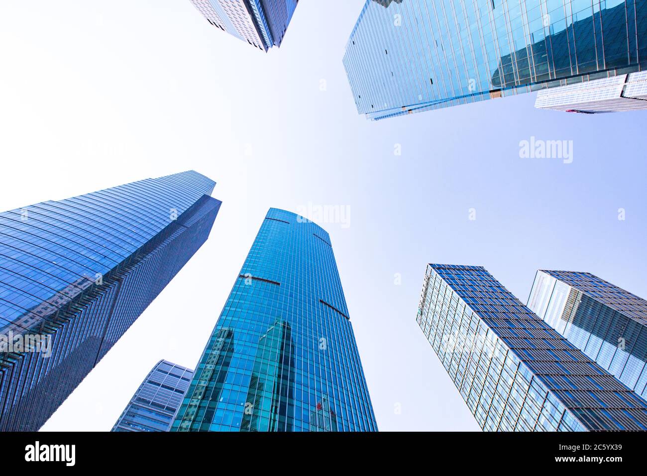 Low angle view of modern skyscrapers in Lujiazui, Shanghai, China, with ...