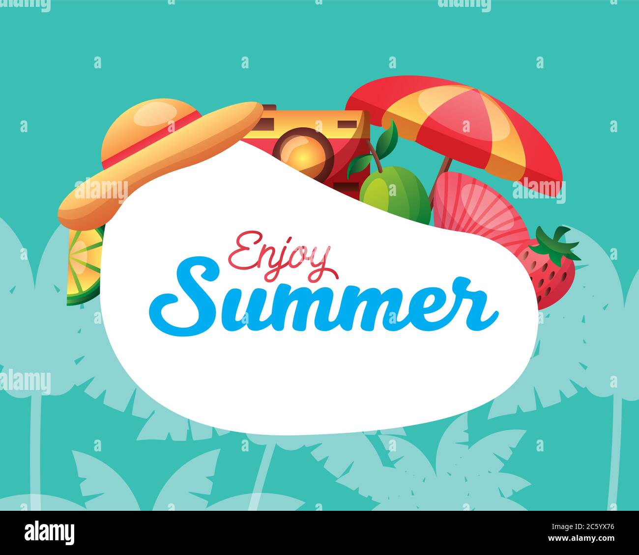 enjoy summer with icon set and palm trees design, vacation and tropical ...