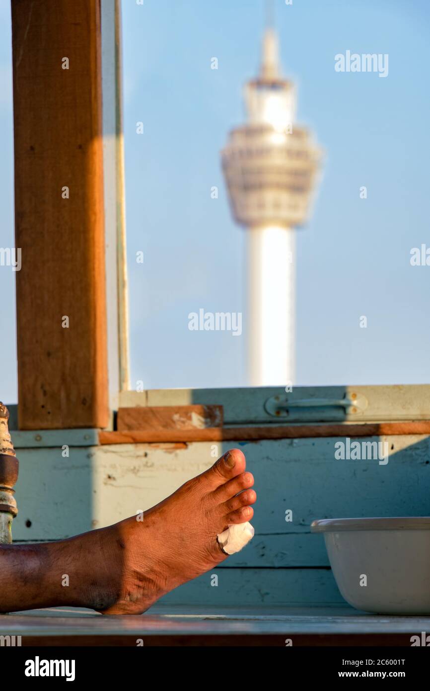 The look at the observation tower through window of wheelhouse at ferry ...