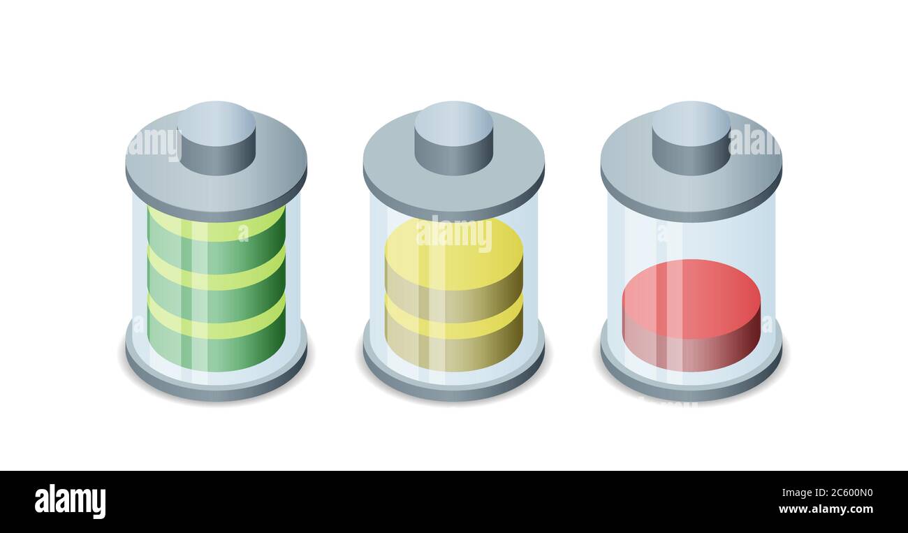 set of stylish isometric battery charge icons isolated in white ...