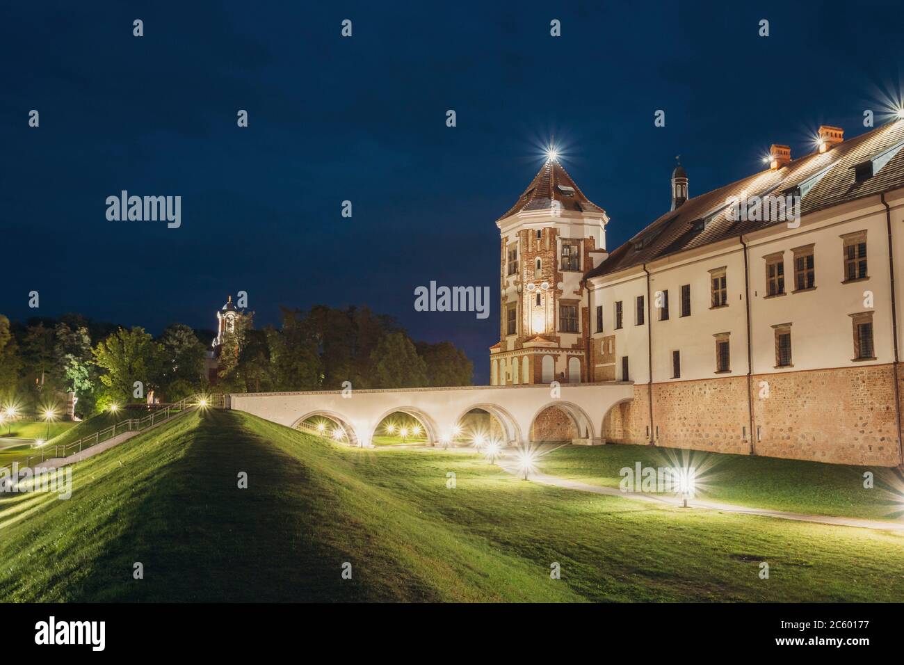 Mir, Belarus. Mir Castle Complex In Evening Illumination Lighting ...