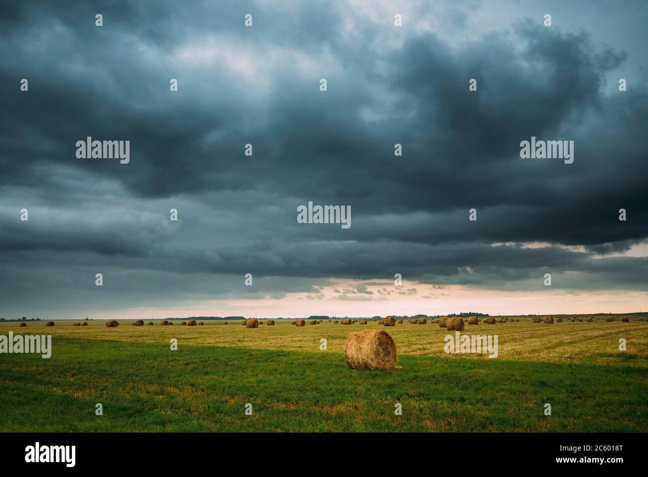 Dramatic Sky Before Rain With Rain Clouds On Horizon Above Rural ...