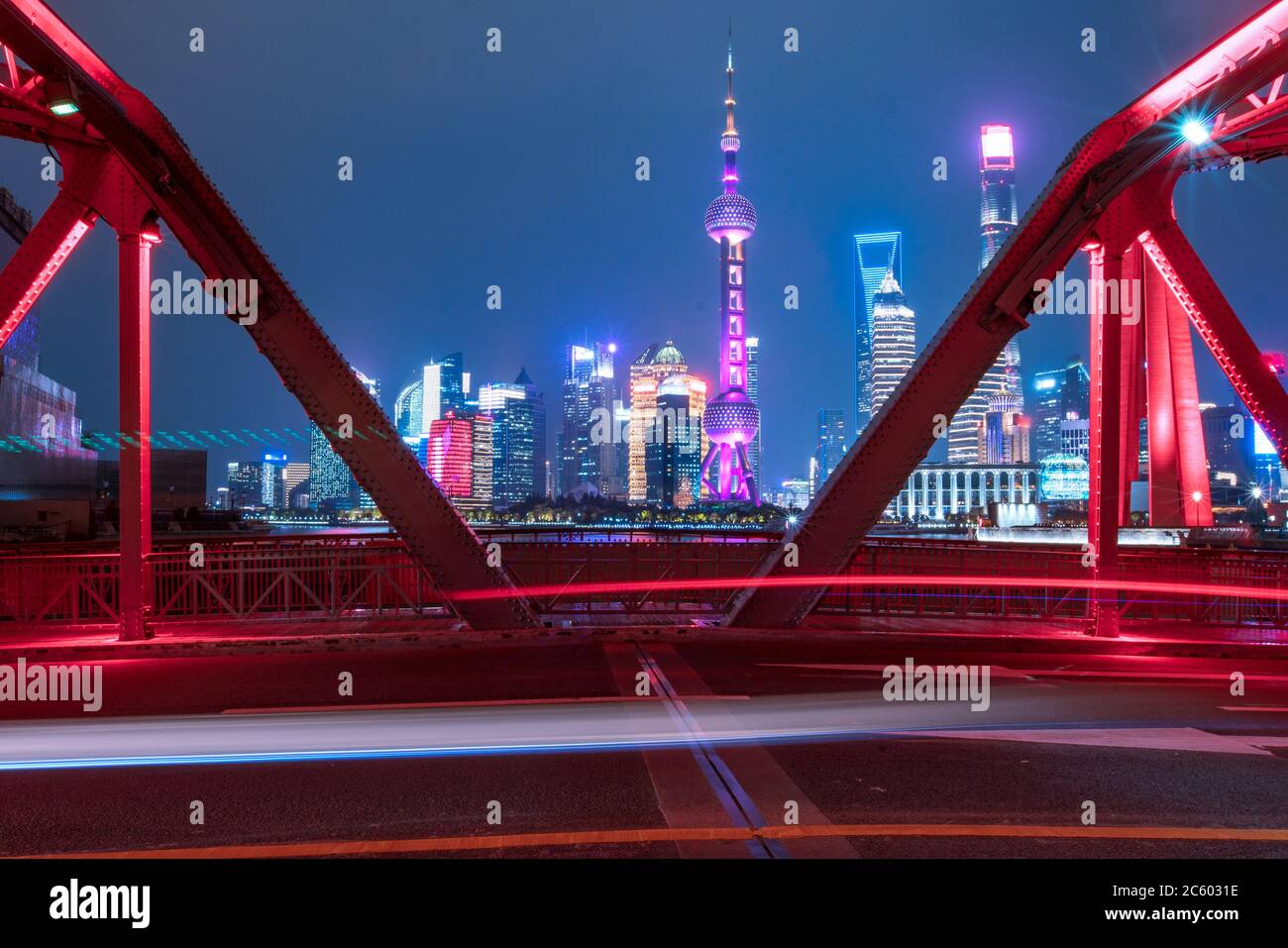 Night view of Waibaidu Bridge, a landmark steel bridge in Shanghai ...