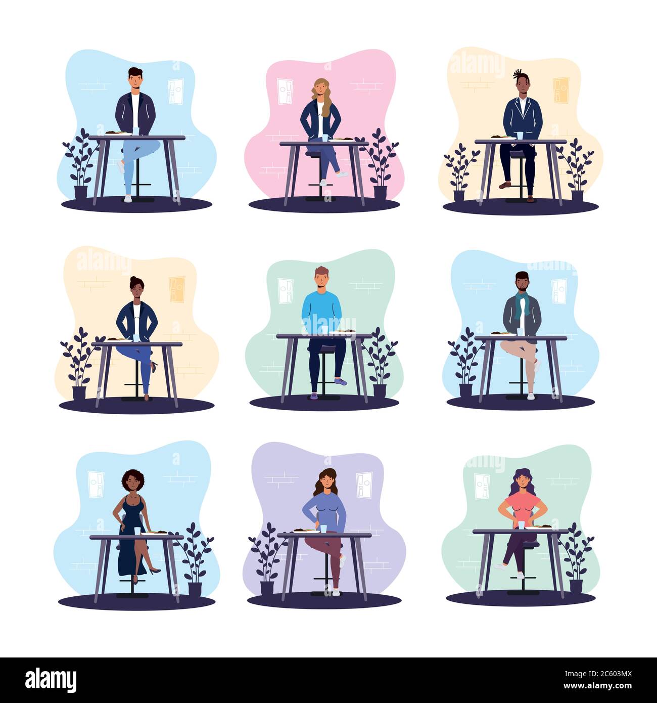 diversity people dinning in restaurant practicing social distancing ...