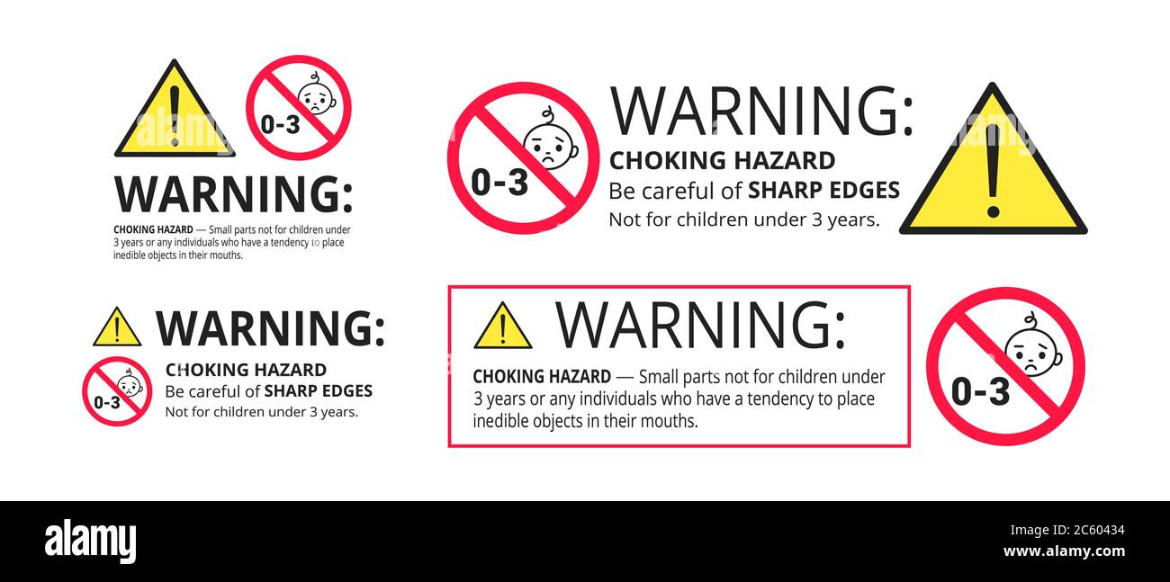 Choking hazard forbidden sign sticker not suitable for children under 3 years isolated on white ...