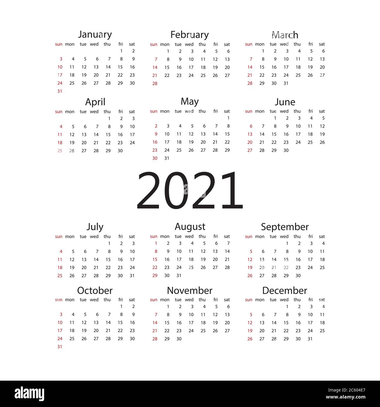 2021 calendar, week starts Sunday. Vector illustration, flat design ...