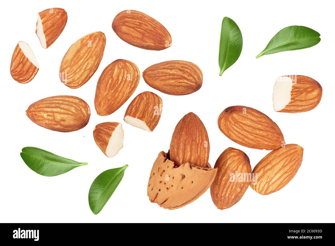 Almonds nuts with leaves isolated on white background. Top view. Flat ...